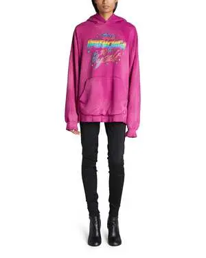 Balenciaga Logo Typographic Distressed Oversized Hoodie Fuschia