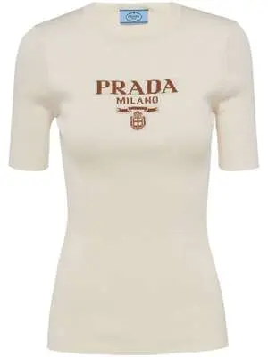 Prada Logo-intarsia Silk Jumper - Neutrals