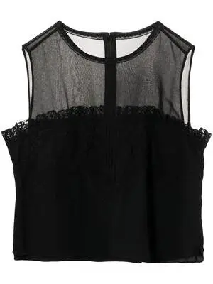Shiatzy Chen Mulberry Silk Lace Ruffle Detail Sleeveless Blouse - Black