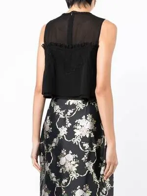 Shiatzy Chen Mulberry Silk Lace Ruffle Detail Sleeveless Blouse