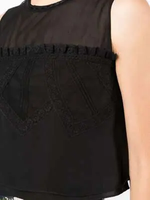 Shiatzy Chen Mulberry Silk Lace Ruffle Detail Sleeveless Blouse