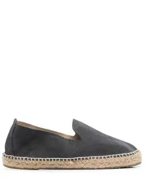 Manebí Dark Suede Round Toe Espadrilles With Braided Raffia Sole