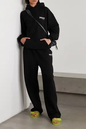 Balenciaga Embroidered Printed Cotton-jersey Hoodie - Black