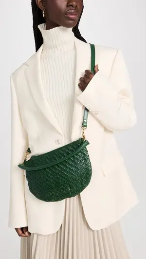 Clare V. Petit Moyen Messenger - Evergreen Woven Zig Zag