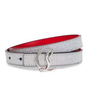 CHRISTIAN LOUBOUTIN Glitter Logo Leather Belt - Silver