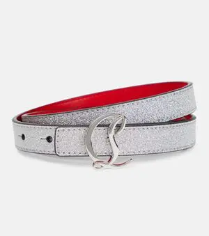 CHRISTIAN LOUBOUTIN Glitter Logo Leather Belt - Silver