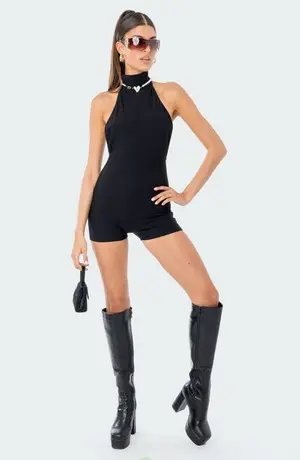 EDIKTED Annie Halter Neck Rib Romper