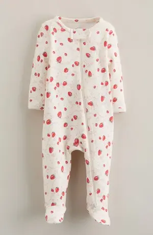 Nordstrom Nordstrom Print Cotton Footie Ivory Egret Strawberry Bows