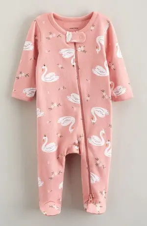 Nordstrom Print Cotton Footie - Pink Beauty Swan Boquet