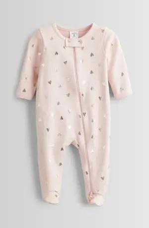 Nordstrom Nordstrom Print Cotton Footie Pink Lotus- Metallic Hearts