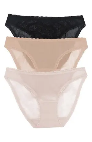 ON GOSSAMER 3-pack Mesh Hip Bikinis Champagne Black Blush