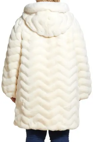 Gallery Chevron Faux Fur Hooded Jacket - Cream