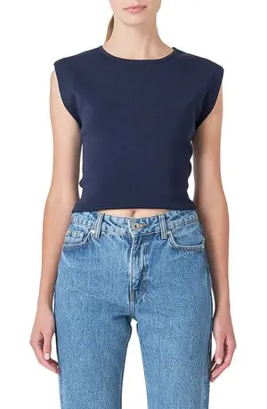 Endless Rose Cutout Padded Shoulder Crop Top - Navy