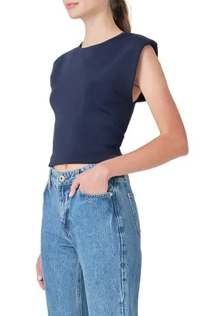 Endless Rose Cutout Padded Shoulder Crop Top - Navy