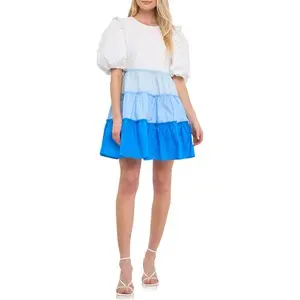 English Factory Colorblock Puff Sleeve Mini Dress