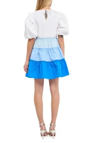 English Factory Colorblock Puff Sleeve Mini Dress