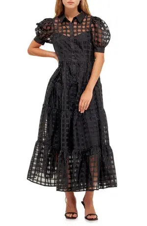 English Factory Grid Pattern Tiered Midi Shirtdress - Black