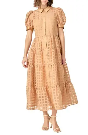 English Factory Grid Pattern Tiered Midi Shirtdress - Camel