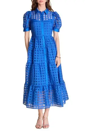 English Factory Grid Pattern Tiered Midi Shirtdress - Cobalt