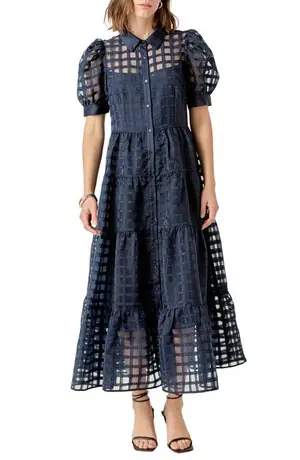 English Factory Grid Pattern Tiered Midi Shirtdress - Dark Navy