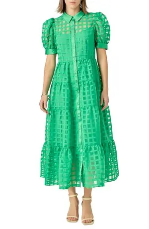 English Factory Grid Pattern Tiered Midi Shirtdress - Green