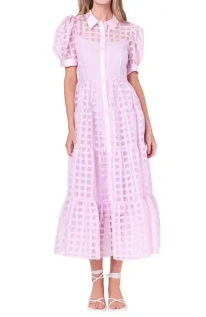 English Factory Grid Pattern Tiered Midi Shirtdress - Lilac