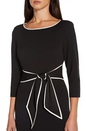 Adrianna Papell Tipped Three-quarter Sleeve Crepe Dress - Black/ivory