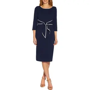 Adrianna Papell Tipped Three-quarter Sleeve Crepe Dress - Navy Sateen/ivory