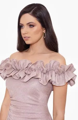 XSCAPE EVENINGS Glitter Ruffle Off The Shoulder Back Slit Gown