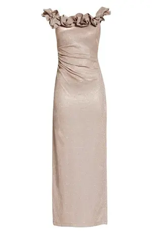 XSCAPE EVENINGS Glitter Ruffle Off The Shoulder Back Slit Gown