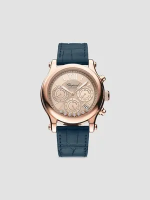 Chopard Happy Sport 18k Rose Gold, Diamond, & Alligator Leather Chronograph Watch - Blue