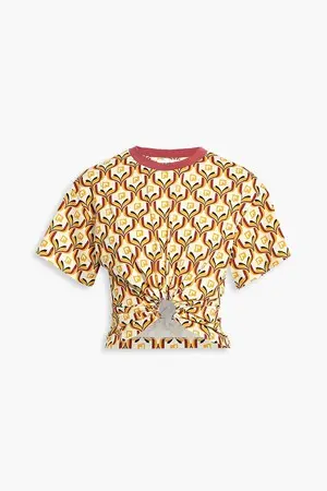 Rabanne Cropped Ring-embellished Printed Cotton-jersey Top - Ivory