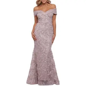 XSCAPE EVENINGS Off-the-shoulder Embroidered Gown - Taupe