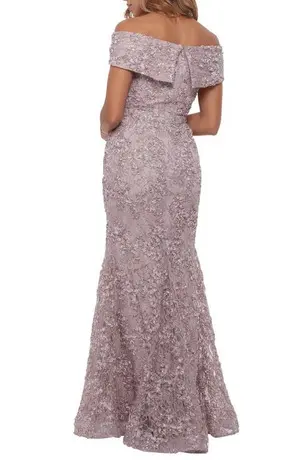 XSCAPE EVENINGS Off-the-shoulder Embroidered Gown - Taupe