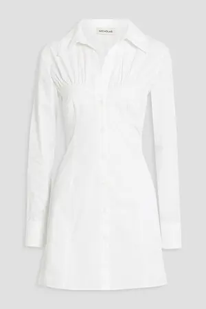 NICHOLAS Gathered Cotton-poplin Mini Shirt Dress - White