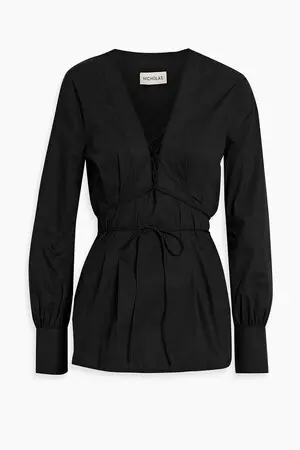 NICHOLAS Laceup Pleated Cottonpoplin Top - Black