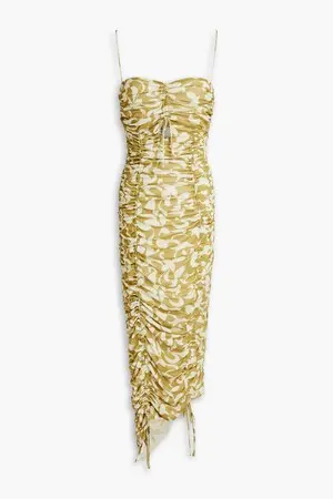 NICHOLAS Floral-print Ruched Midi Dress - Mustard