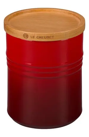 LE CREUSET Glazed Stoneware 2 1/2 Quart Storage Canister With Wooden Lid - Cherry