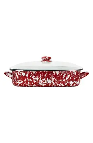 GOLDEN RABBIT Enamelware Lidded Roasting Pan - Red Swirl