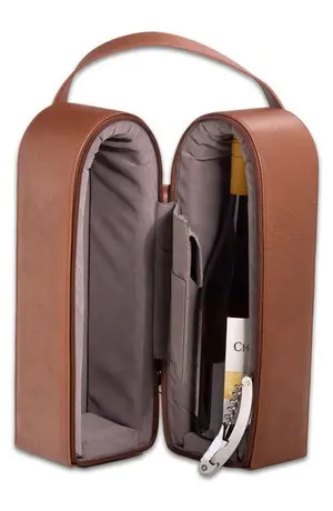 BEY-BERK Vino Leather Wine Caddy & Corkscrew Set