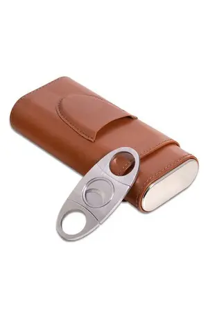 BEY-BERK Richie Cigar Case & Cutter Set - Brown