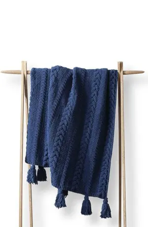 SUNDAY CITIZEN Braided Pom Pom Throw Blanket Navy