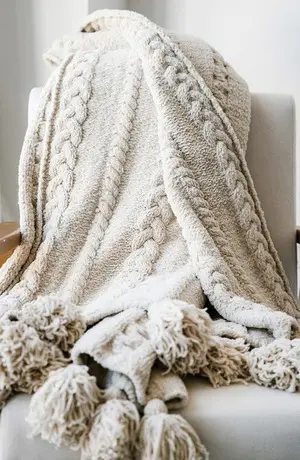 SUNDAY CITIZEN Braided Pom Pom Throw Blanket - Sahara Tan