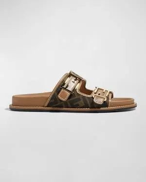 Fendi Ff Jacquard Buckle Slide Sandals - Brown