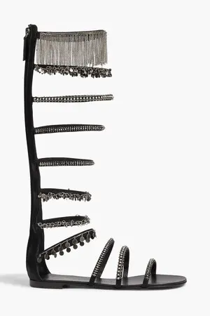 GIUSEPPE ZANOTTI Embellished Fringed Satin Sandals - Black