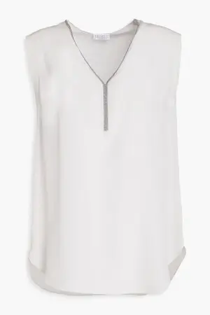Brunello Cucinelli Beadembellished Silk Crepe De Chine Top - Light Gray