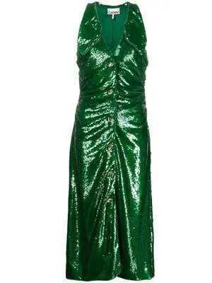 GANNI Sequin Ruched Midi Dress
