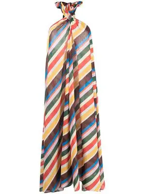 GANNI Striped Halterneck Chiffon Maxi Dress - Brown