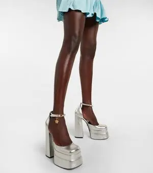 Versace Medusa Aevitas Leather Platform Pumps With Crystal Embellished Ankle Strap - Silver