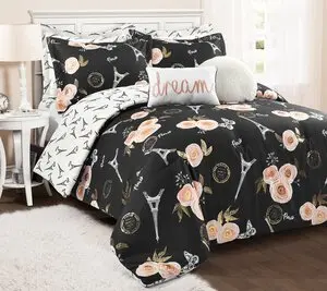 LUSH DECOR Vintage Paris Rose Butterfly King Comforter Set By - One-color
